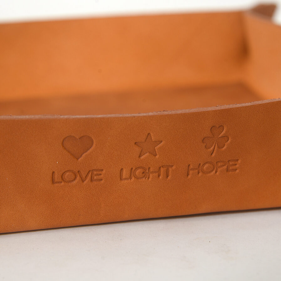 Small Light Brown Leather Tray “LOVE-LIGHT-HOPE” – Σύλλογος Ελπίδα
