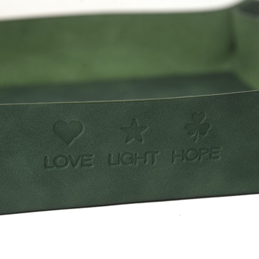 Big Green Leather Tray “LOVE-LIGHT-HOPE” – Σύλλογος Ελπίδα